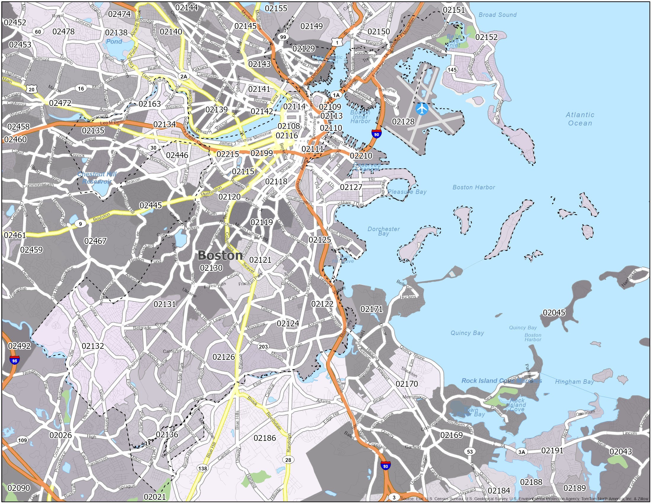 Boston Zip Code Map Glossy Poster Picture Photo Print Banner Conversat ...
